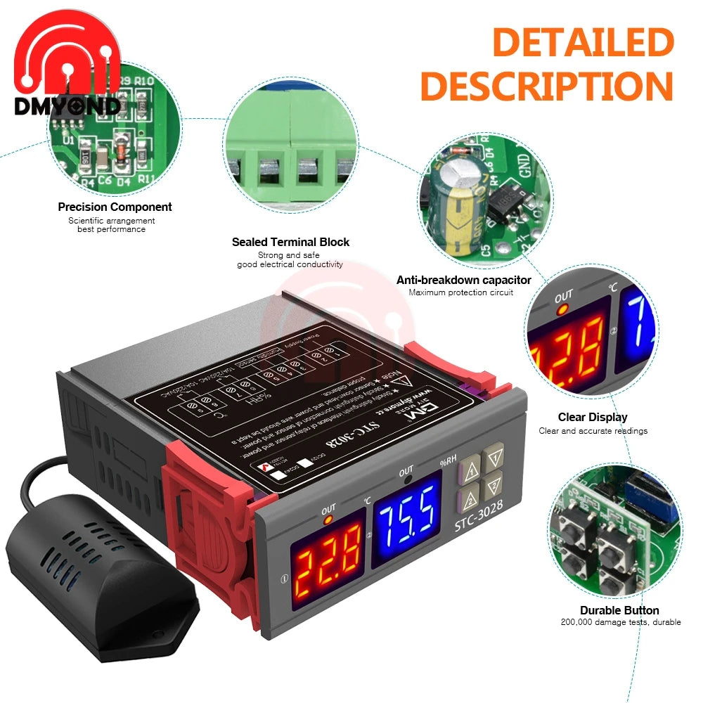 Digital Thermostat Humidistat STC-3028 110V/220V/12V/24V LED Dual Disp ...